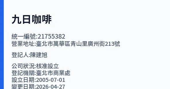 九日咖啡的照片-統編 21755382(臺北市) 公司登記資料與營業項目詳細圖表