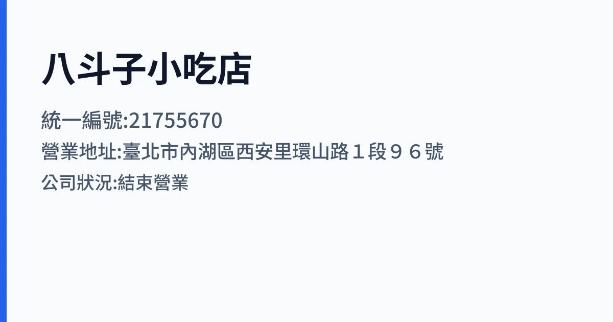 八斗子小吃店 - 統編 21755670(臺北市) 公司登記資料與營業項目詳細圖表