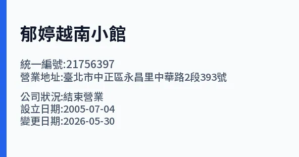 郁婷越南小館的照片-統編 21756397(臺北市) 公司登記資料與營業項目詳細圖表