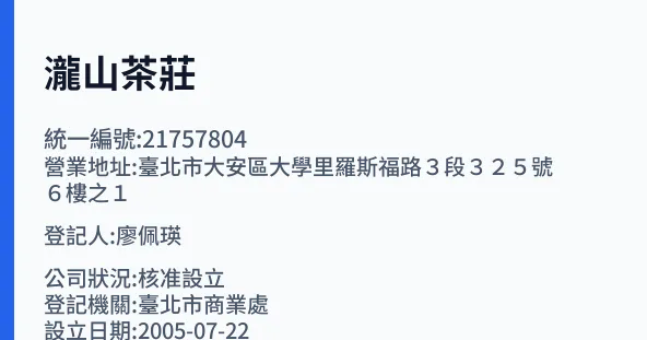 瀧山茶莊的照片-統編 21757804(臺北市) 公司登記資料與營業項目詳細圖表