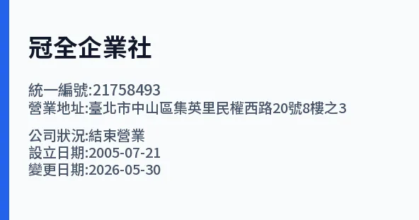 冠全企業社的照片-統編 21758493(臺北市) 公司登記資料與營業項目詳細圖表