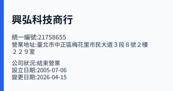 興弘科技商行的照片-統編 21758655(臺北市) 公司登記資料與營業項目詳細圖表
