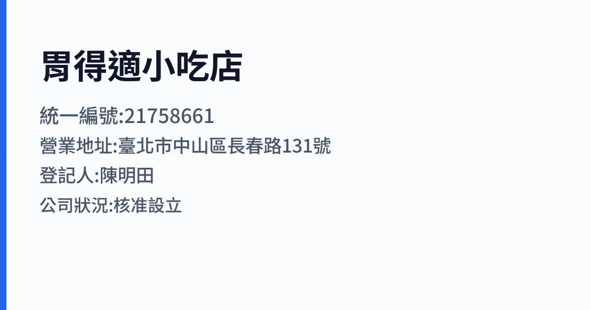 胃得適小吃店 - 統編 21758661(臺北市) 公司登記資料與營業項目詳細圖表