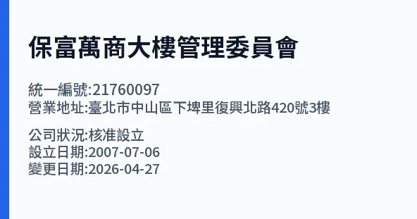 保富萬商大樓管理委員會的照片-統編 21760097(臺北市) 公司登記資料與營業項目詳細圖表