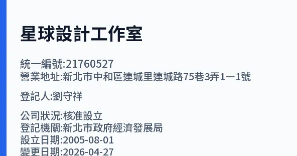 星球設計工作室的照片-統編 21760527(新北市) 公司登記資料與營業項目詳細圖表