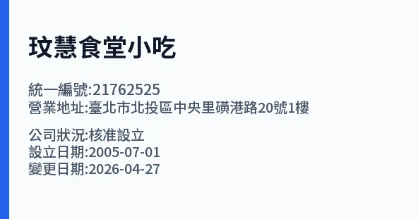 玟慧食堂小吃的照片-統編 21762525(臺北市) 公司登記資料與營業項目詳細圖表