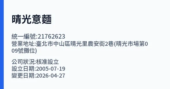 晴光意麵的照片-統編 21762623(臺北市) 公司登記資料與營業項目詳細圖表