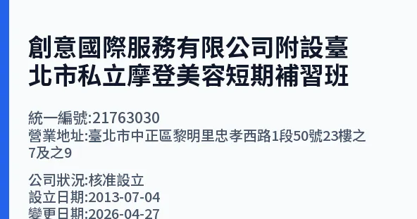 創意國際服務有限公司附設臺北市私立摩登美容短期補習班的照片-統編 21763030(臺北市) 公司登記資料與營業項目詳細圖表