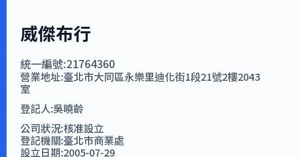 威傑布行的照片-統編 21764360(臺北市) 公司登記資料與營業項目詳細圖表