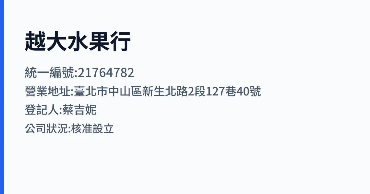 越大水果行 - 統編 21764782(臺北市) 公司登記資料與營業項目詳細圖表