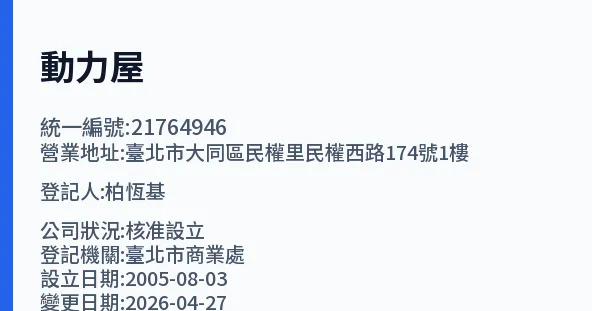 動力屋的照片-統編 21764946(臺北市) 公司登記資料與營業項目詳細圖表