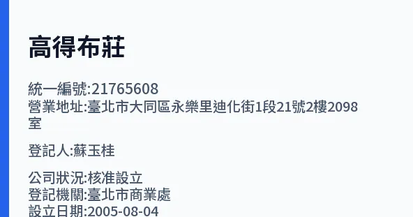 高得布莊的照片-統編 21765608(臺北市) 公司登記資料與營業項目詳細圖表