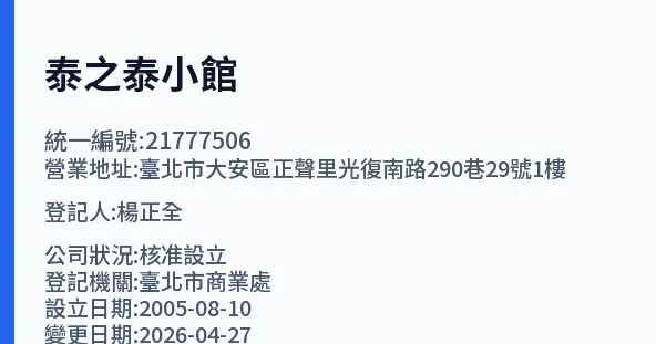 泰之泰小館的照片-統編 21777506(臺北市) 公司登記資料與營業項目詳細圖表