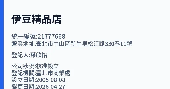 伊豆精品店的照片-統編 21777668(臺北市) 公司登記資料與營業項目詳細圖表