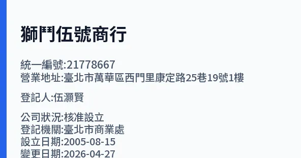獅鬥伍號商行的照片-統編 21778667(臺北市) 公司登記資料與營業項目詳細圖表