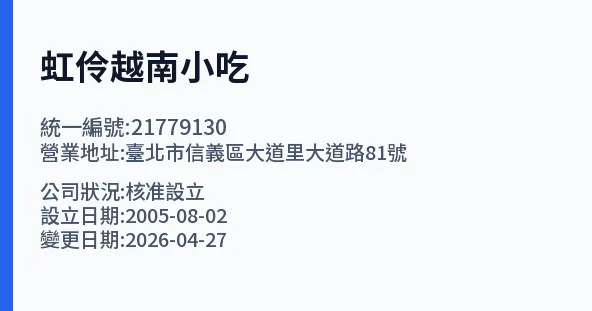 虹伶越南小吃的照片-統編 21779130(臺北市) 公司登記資料與營業項目詳細圖表