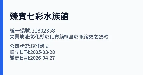 臻寶七彩水族館的照片-統編 21802358(彰化縣) 公司登記資料與營業項目詳細圖表