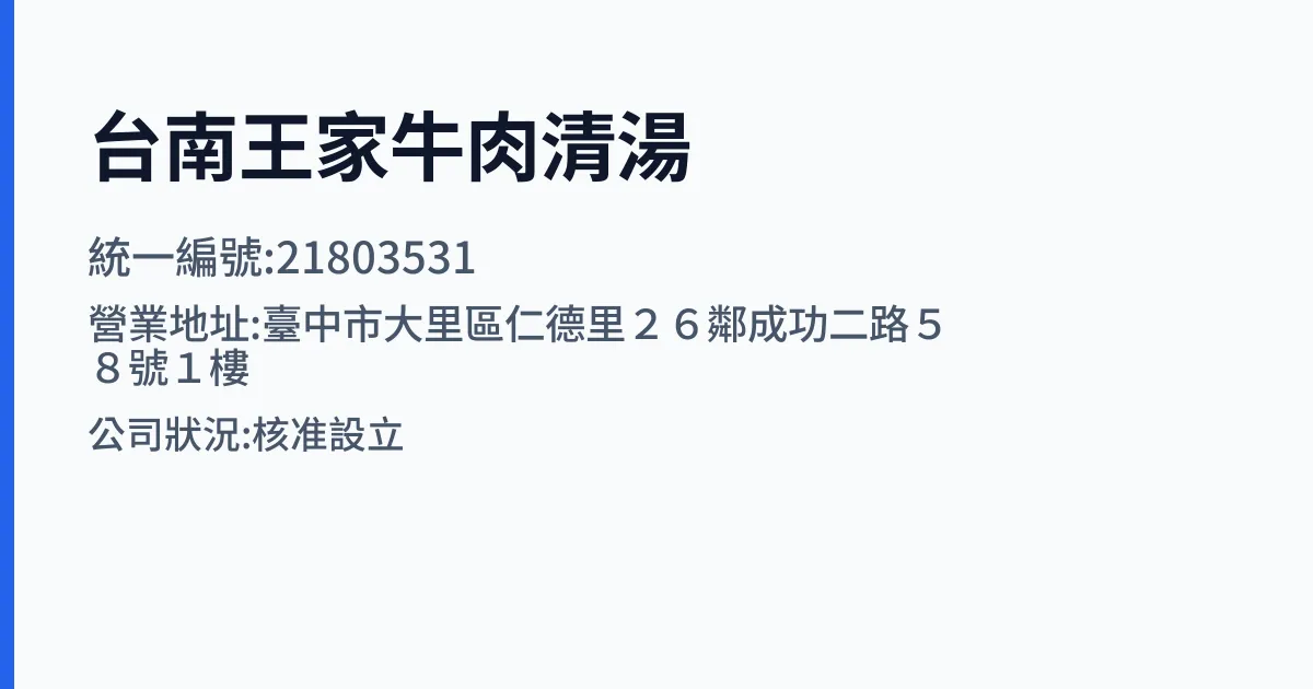 台南王家牛肉清湯 - 統編 21803531(臺中市) 公司登記資料與營業項目詳細圖表