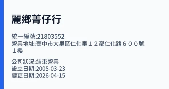 麗鄉菁仔行的照片-統編 21803552(臺中市) 公司登記資料與營業項目詳細圖表
