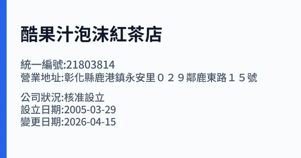 酷果汁泡沫紅茶店的照片-統編 21803814(彰化縣) 公司登記資料與營業項目詳細圖表