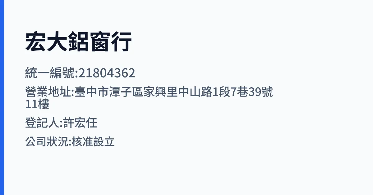 宏大鋁窗行 - 統編 21804362(臺中市) 公司登記資料與營業項目詳細圖表