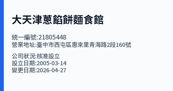 大天津蔥餡餅麵食館的照片-統編 21805448(臺中市) 公司登記資料與營業項目詳細圖表