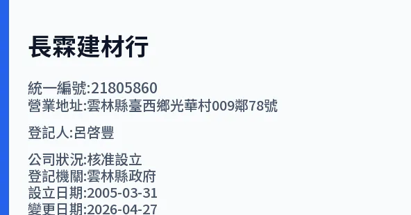 長霖建材行的照片-統編 21805860(雲林縣) 公司登記資料與營業項目詳細圖表