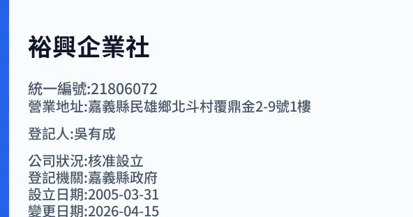 裕興企業社的照片-統編 21806072(嘉義縣) 公司登記資料與營業項目詳細圖表