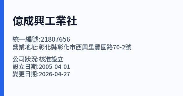 億成興工業社的照片-統編 21807656(彰化縣) 公司登記資料與營業項目詳細圖表
