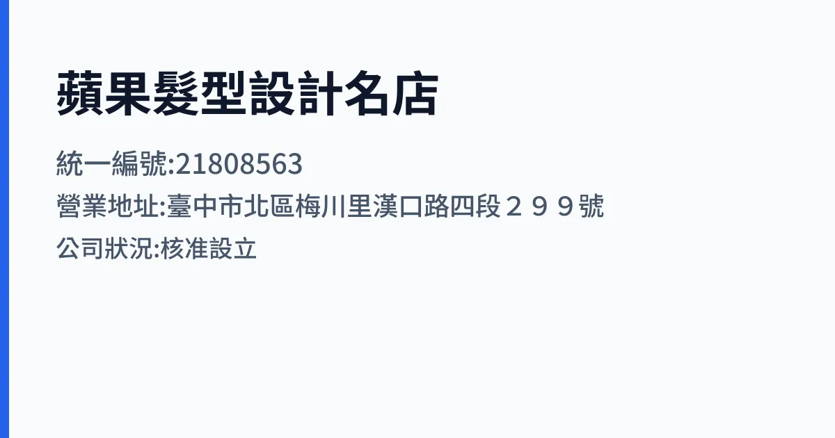 蘋果髮型設計名店 - 統編 21808563(臺中市) 公司登記資料與營業項目詳細圖表