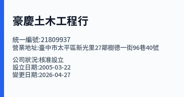 豪慶土木工程行的照片-統編 21809937(臺中市) 公司登記資料與營業項目詳細圖表