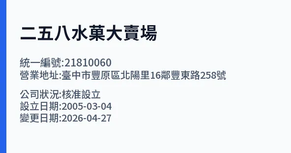 二五八水菓大賣場的照片-統編 21810060(臺中市) 公司登記資料與營業項目詳細圖表