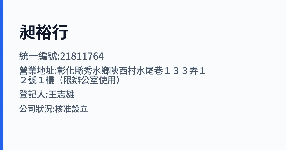 昶裕行 - 統編 21811764(彰化縣) 公司登記資料與營業項目詳細圖表