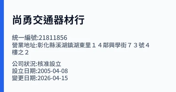 尚勇交通器材行的照片-統編 21811856(彰化縣) 公司登記資料與營業項目詳細圖表