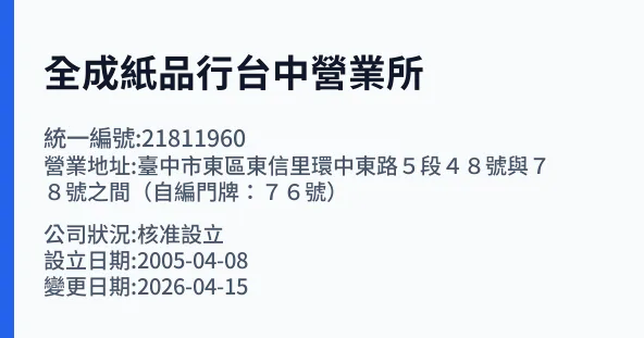 全成紙品行台中營業所的照片-統編 21811960(臺中市) 公司登記資料與營業項目詳細圖表