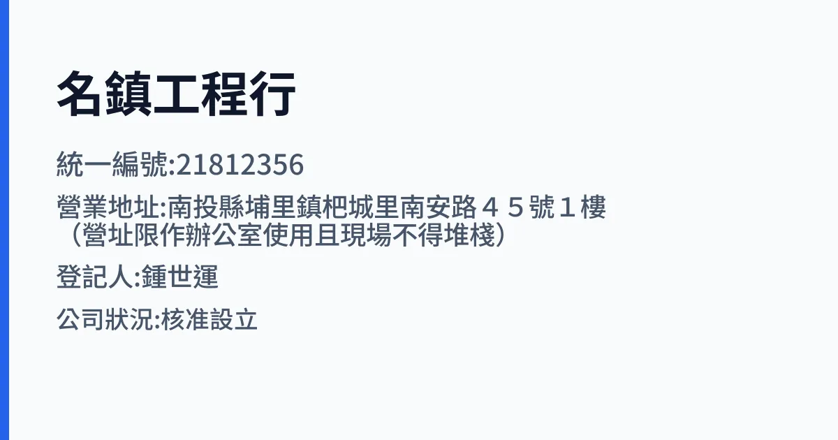 名鎮工程行 - 統編 21812356(南投縣) 公司登記資料與營業項目詳細圖表