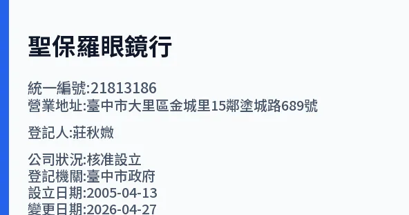 聖保羅眼鏡行的照片-統編 21813186(臺中市) 公司登記資料與營業項目詳細圖表