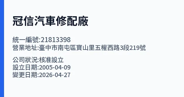 冠信汽車修配廠的照片-統編 21813398(臺中市) 公司登記資料與營業項目詳細圖表