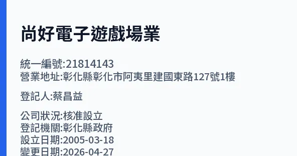 尚好電子遊戲場業的照片-統編 21814143(彰化縣) 公司登記資料與營業項目詳細圖表