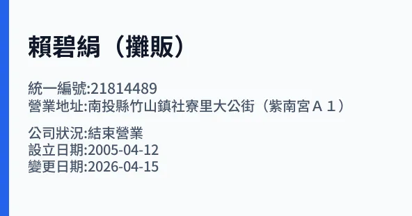賴碧絹（攤販）的照片-統編 21814489(南投縣) 公司登記資料與營業項目詳細圖表