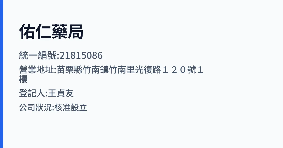 佑仁藥局 - 統編 21815086(苗栗縣) 公司登記資料與營業項目詳細圖表
