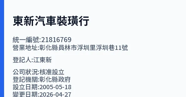 東新汽車裝璜行的照片-統編 21816769(彰化縣) 公司登記資料與營業項目詳細圖表