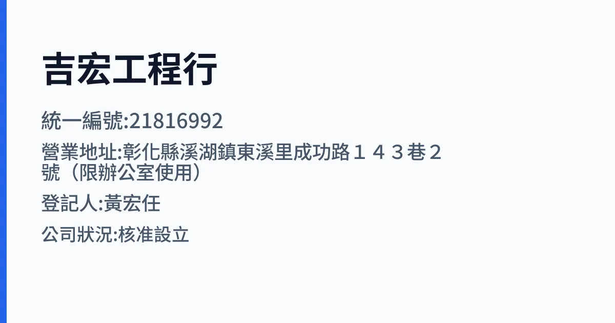 吉宏工程行 - 統編 21816992(彰化縣) 公司登記資料與營業項目詳細圖表
