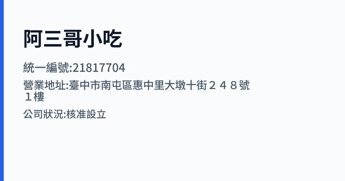 阿三哥小吃 - 統編 21817704（臺中市） 公司登記資料與營業項目詳細圖表
