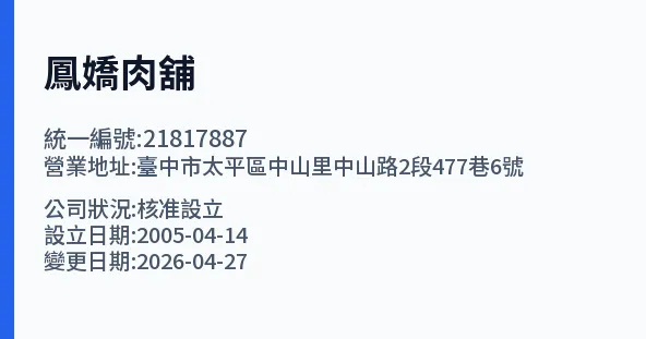 鳳嬌肉舖的照片-統編 21817887(臺中市) 公司登記資料與營業項目詳細圖表