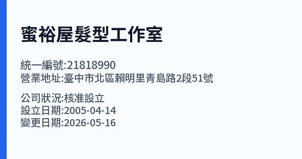 蜜裕屋髮型工作室的照片-統編 21818990(臺中市) 公司登記資料與營業項目詳細圖表