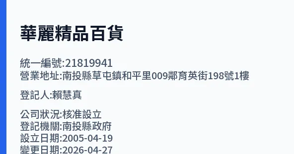 華麗精品百貨的照片-統編 21819941(南投縣) 公司登記資料與營業項目詳細圖表