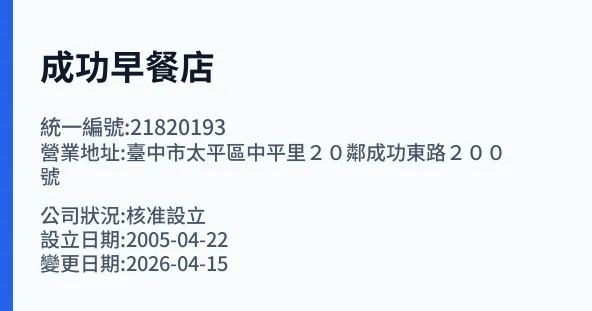 成功早餐店的照片-統編 21820193(臺中市) 公司登記資料與營業項目詳細圖表