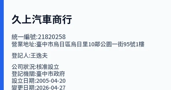 久上汽車商行的照片-統編 21820258(臺中市) 公司登記資料與營業項目詳細圖表