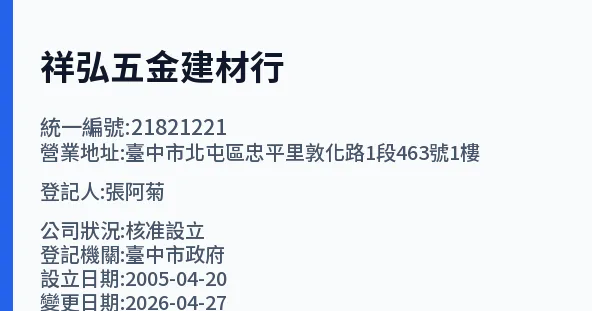 祥弘五金建材行的照片-統編 21821221(臺中市) 公司登記資料與營業項目詳細圖表